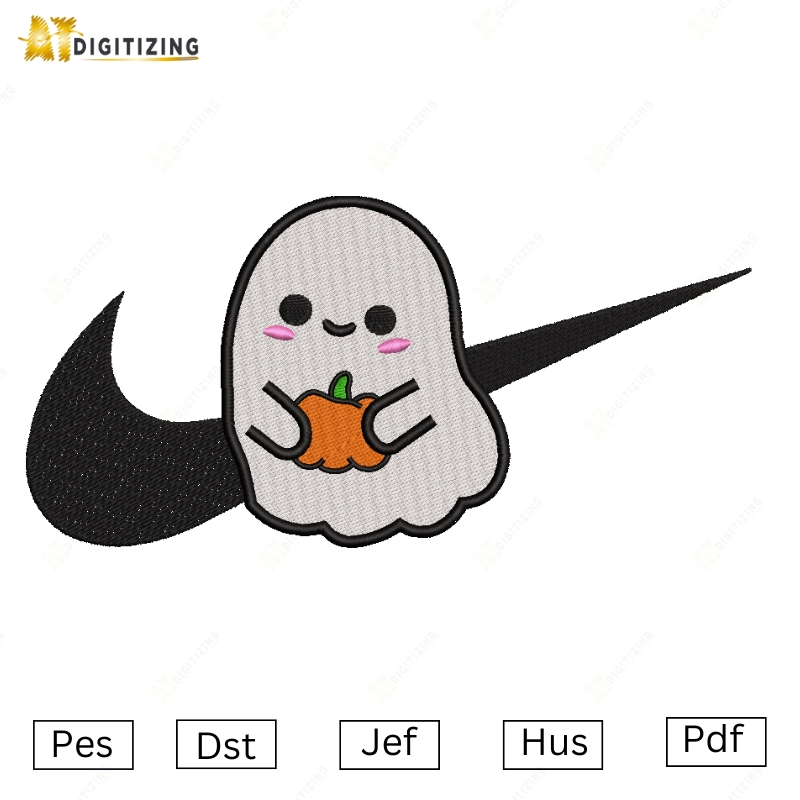Swoosh Ghost Pumpkin Embroidery design - AT Embroidery Digitizing