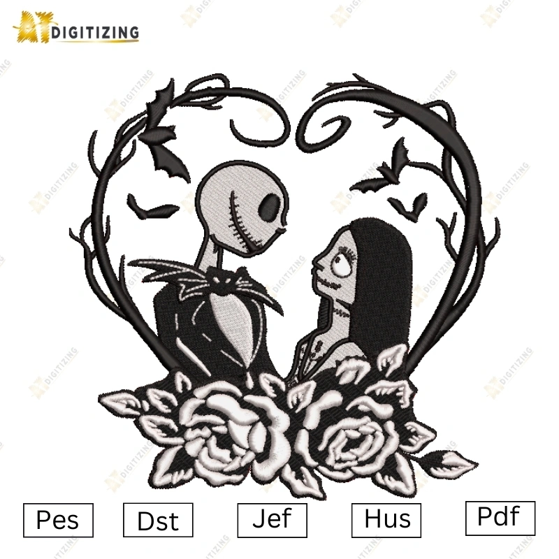 Jack and sally flower heart Embroidery Design - AT Embroidery Digitizing