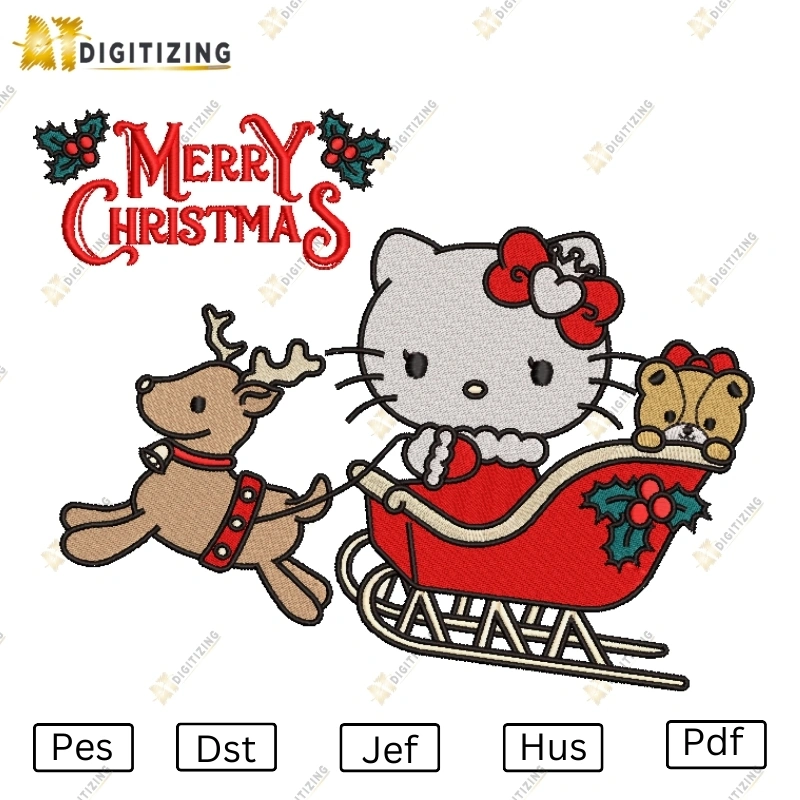Reindeer Hello Kitty Merry Christmas Embroidery Design