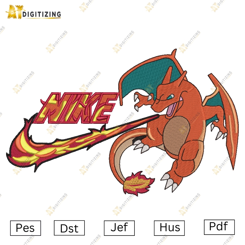 Nike Charizard fire Embroidery design | AtDigitizing